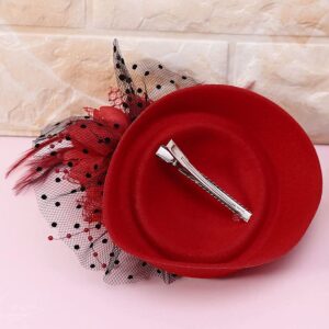 Vintage Fascinators Hats 50s Flower Feather Dress Hat Tea Party Cocktail Veil Pillbox Headwear with Clips for Women (Red)