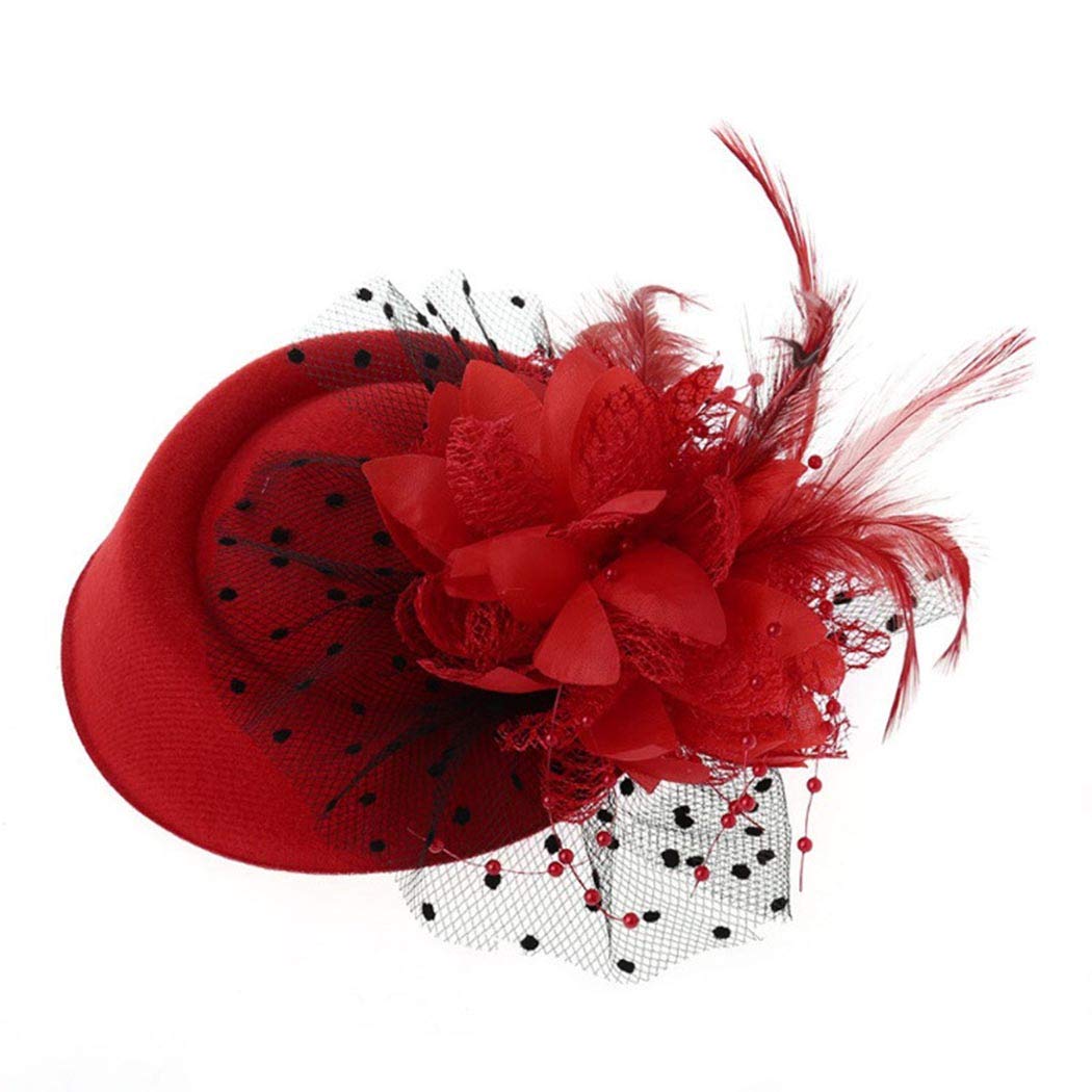 Vintage Fascinators Hats 50s Flower Feather Dress Hat Tea Party Cocktail Veil Pillbox Headwear with Clips for Women (Red)