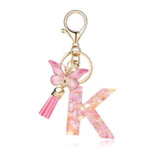 okaicen fashion alphabet initial letter keychain tassel butterfly pendant key ring for purse handbags women girl ('k')