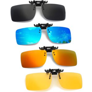 oopsmi polarized clip-on sunglasses 4 pack rimless anti-glare uv protection for prescription glasses (black+blue+orange+night vision)