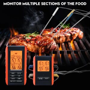 Wireless Meat Thermometer for Grilling and Smoking, Food Thermometer for BBQ Smoker Oven Cooking Steak, Grill Thermometer for Outside Grill with 4 Meat Probes, Kitchen Timer