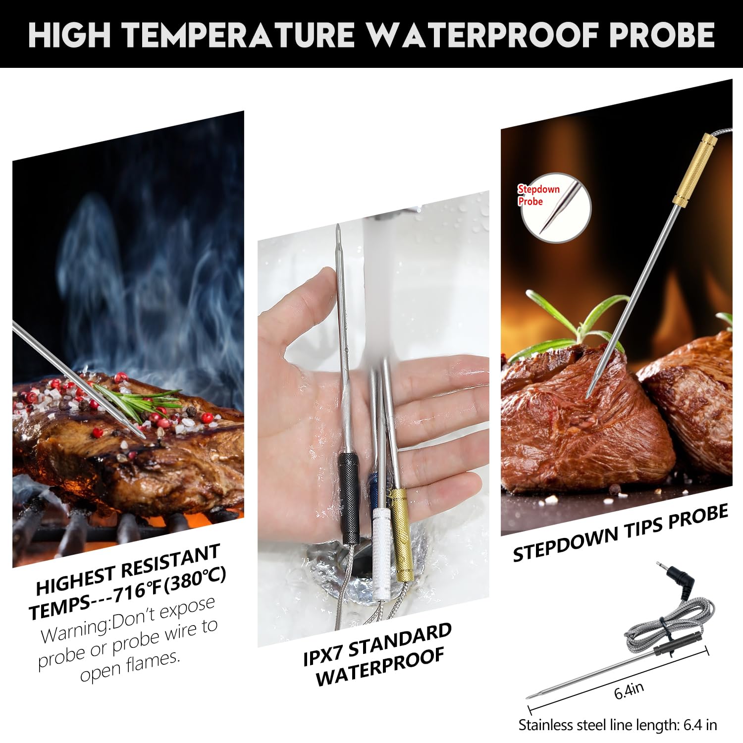 Wireless Meat Thermometer for Grilling and Smoking, Food Thermometer for BBQ Smoker Oven Cooking Steak, Grill Thermometer for Outside Grill with 4 Meat Probes, Kitchen Timer