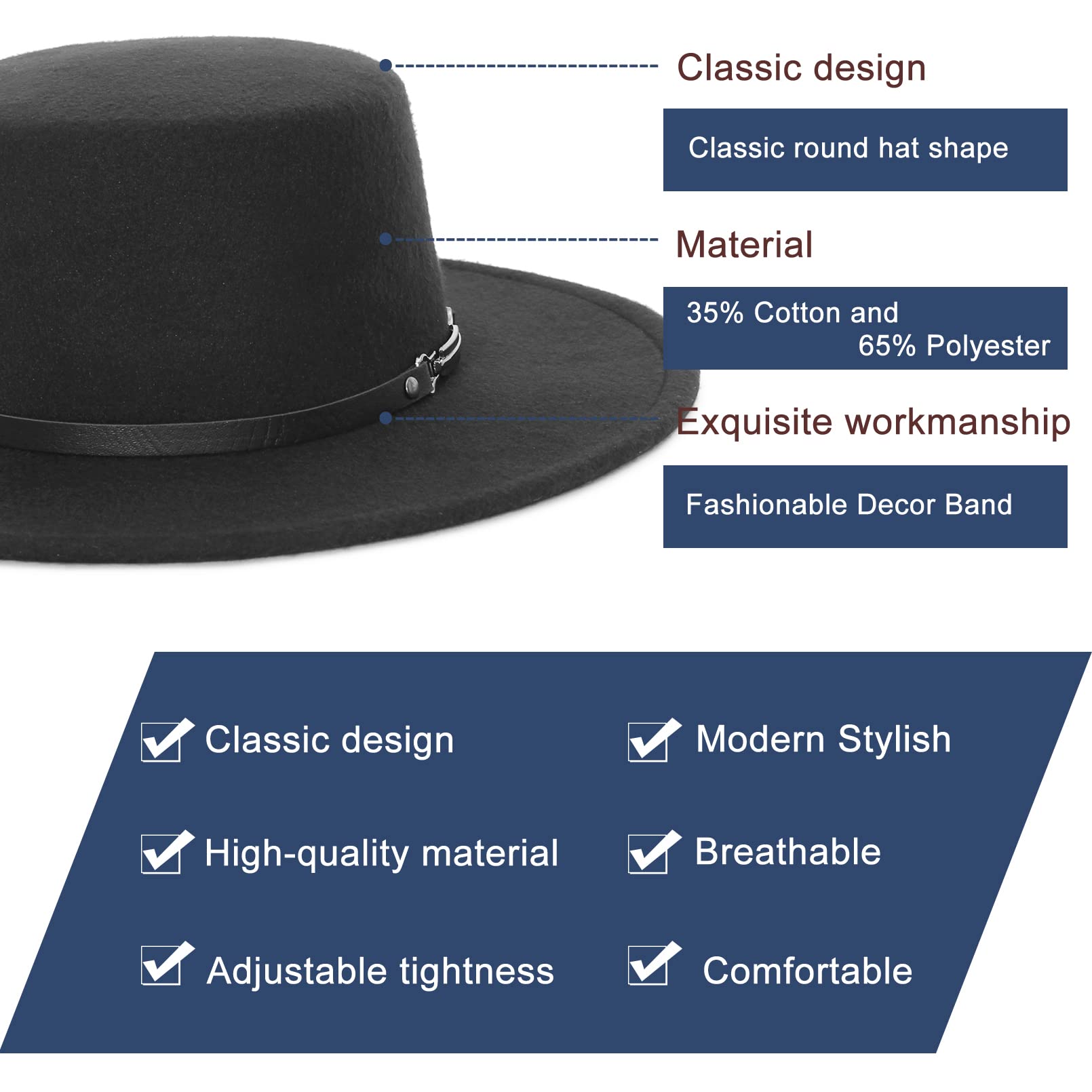 EOZY Women Men Classic Felt Fedora Hat Wide Brim Flat Top Jazz Panama Hat Casual Party Church Hat