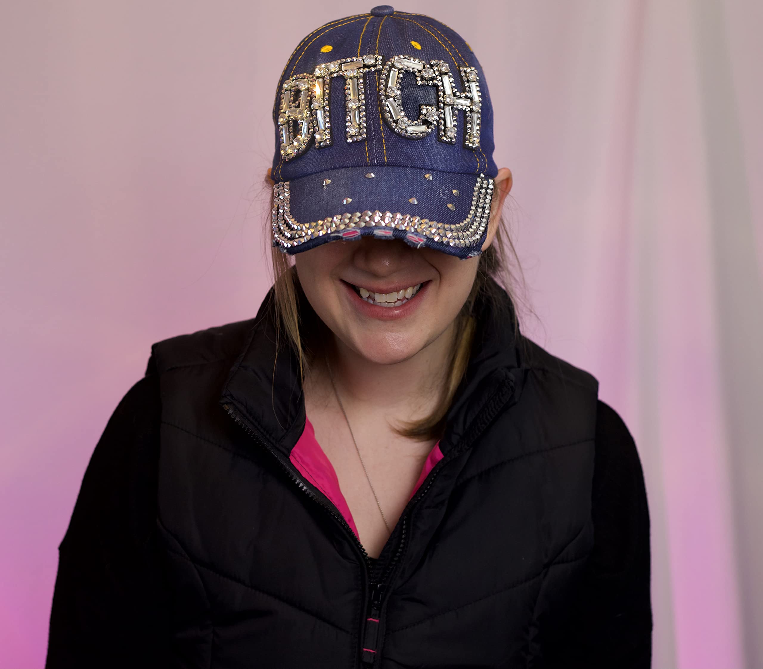 Popfizzy Bling Bitch Hat for Women Rhinestone Hat, Bedazzled Baseball Caps, Distressed Hat, Sparkle Studded Denim Ball Caps (Bitch)