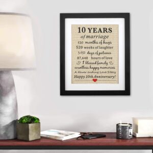 Corfara Framed 10th Wedding Anniversary Burlap Gift 11" W X 13" H, Couples 10th Anniversary 10 Years of Marriage Gift for Wife 10th Wedding Anniversary Keepsake Gift for Husband Wife Him Her