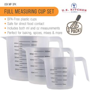 U.S. Kitchen Supply - Set of 3 Plastic Graduated Measuring Cups with Pitcher Handles - 1, 2 and 4 Cup Capacity, Ounce and ML Cup Markings - Measure & Mix Recipe Ingredients, Flour, Water, Oil, Batter