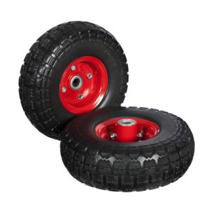 ez travel collection, heavy duty flat free 10" tire wheels, extra wide tires for wagon, dolly, hand truck, and cart – pack of two (red)