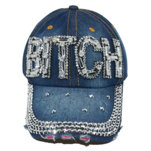 popfizzy bling bitch hat for women rhinestone hat, bedazzled baseball caps, distressed hat, sparkle studded denim ball caps (bitch)