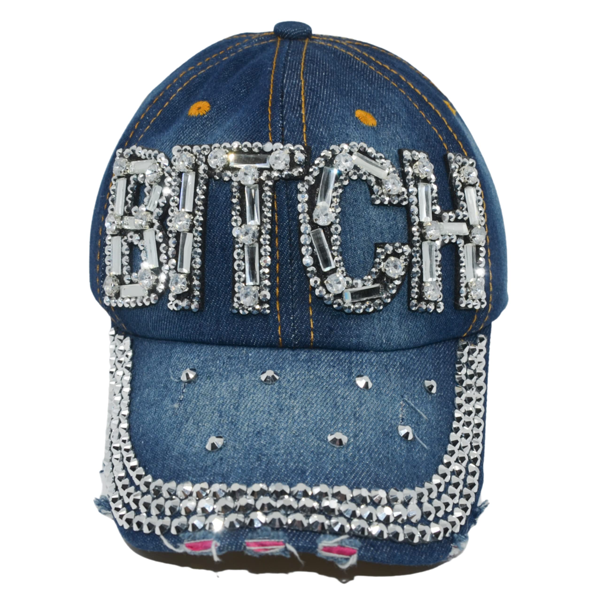 Popfizzy Bling Bitch Hat for Women Rhinestone Hat, Bedazzled Baseball Caps, Distressed Hat, Sparkle Studded Denim Ball Caps (Bitch)