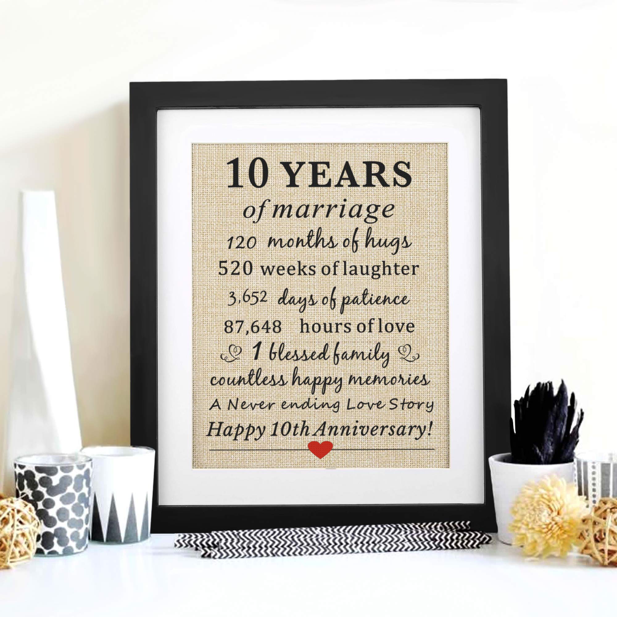 Corfara Framed 10th Wedding Anniversary Burlap Gift 11" W X 13" H, Couples 10th Anniversary 10 Years of Marriage Gift for Wife 10th Wedding Anniversary Keepsake Gift for Husband Wife Him Her