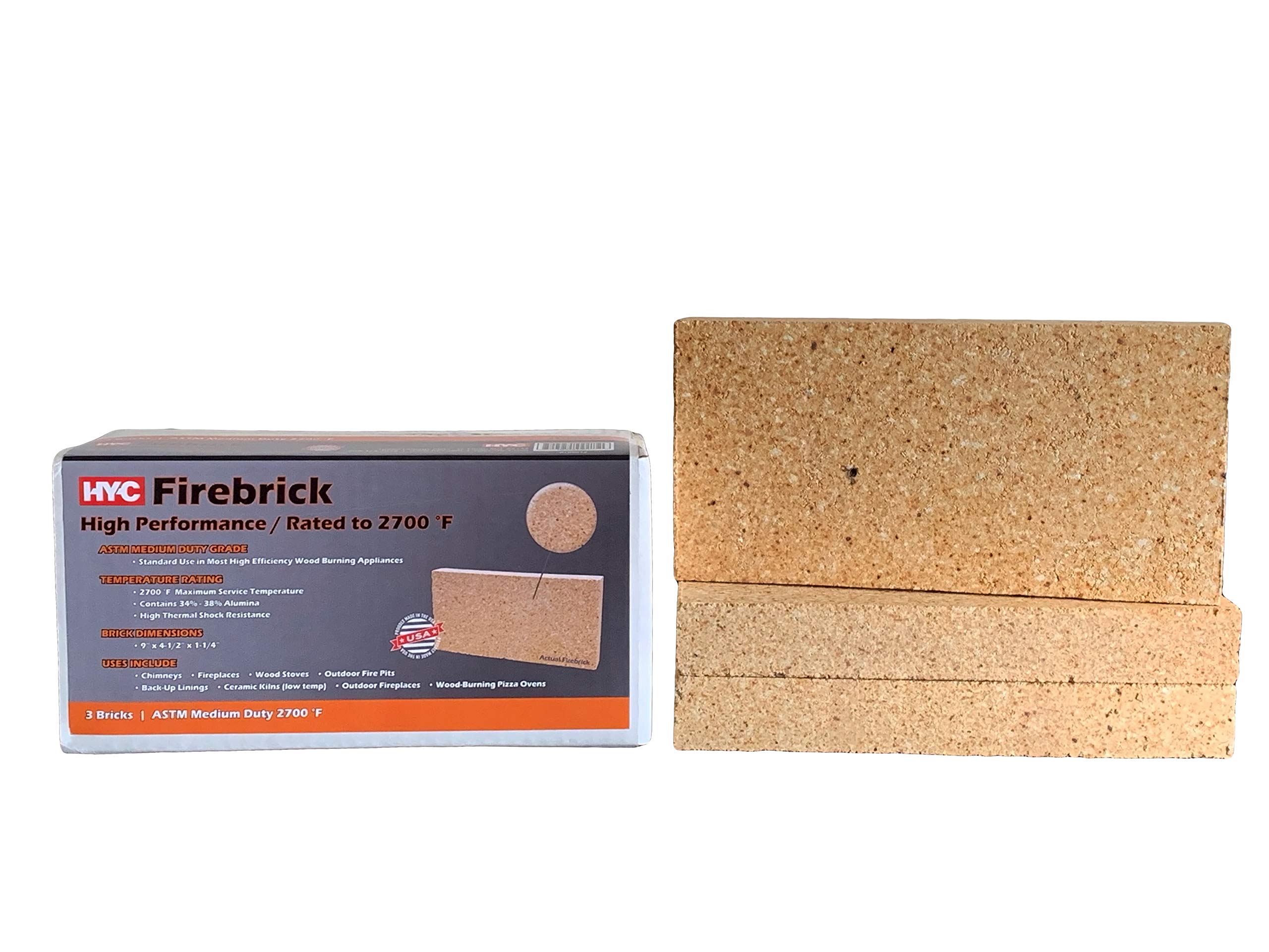 HY-C HTFB-R3 Medium-Duty Firebricks, 9" x 4-1/2" x 1-1/4", 3 per Box, Light Brown