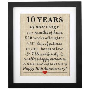 corfara framed 10th wedding anniversary burlap gift 11" w x 13" h, couples 10th anniversary 10 years of marriage gift for wife 10th wedding anniversary keepsake gift for husband wife him her