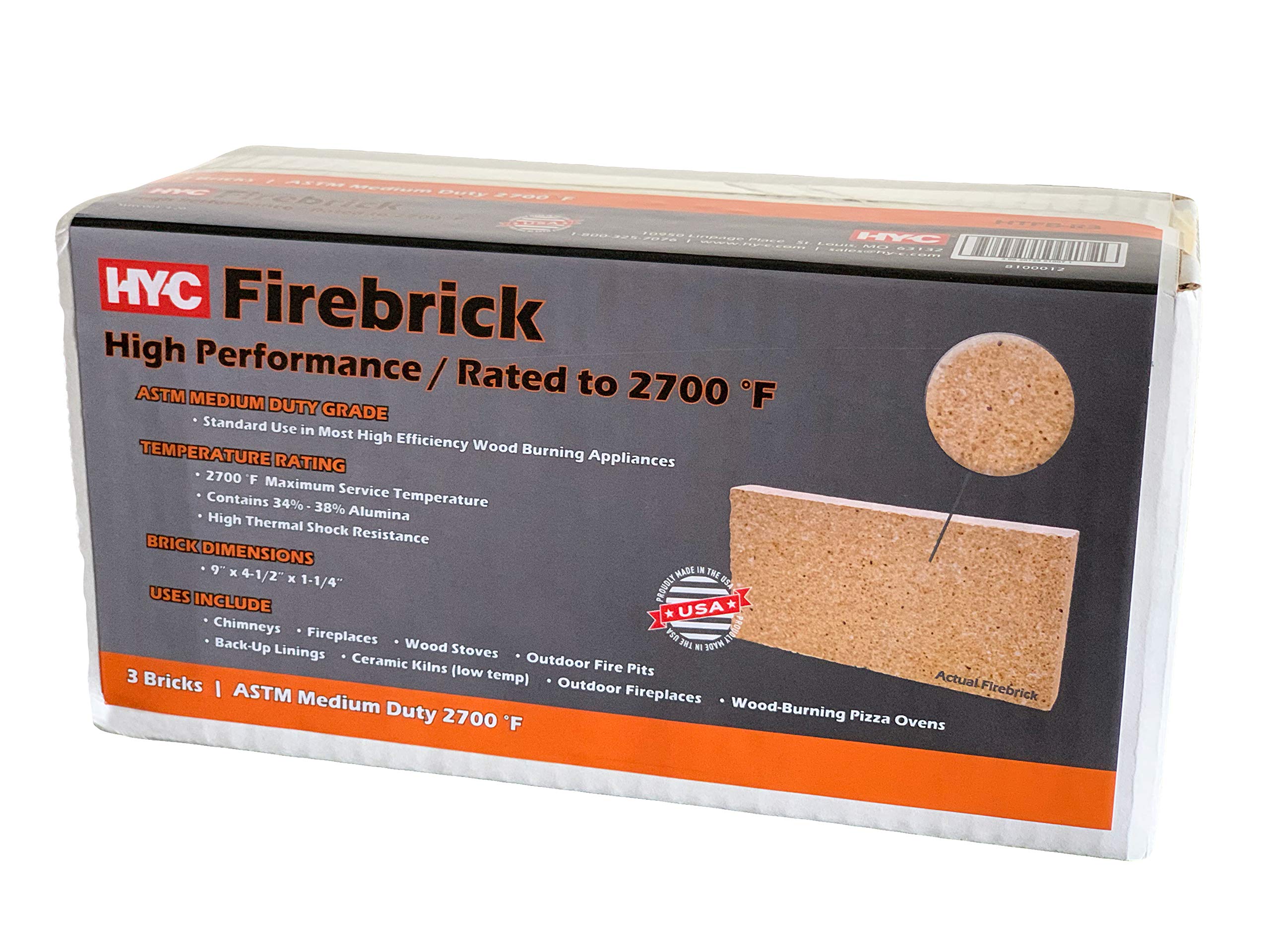 HY-C HTFB-R3 Medium-Duty Firebricks, 9" x 4-1/2" x 1-1/4", 3 per Box, Light Brown