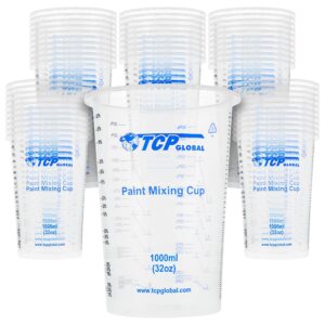 tcp global 32 ounce (1000ml) disposable flexible clear graduated plastic mixing cups - box of 50 cups - use for paint, resin, epoxy, art, kitchen, cooking, baking - measuring ratios 2-1, 3-1, 4-1, ml