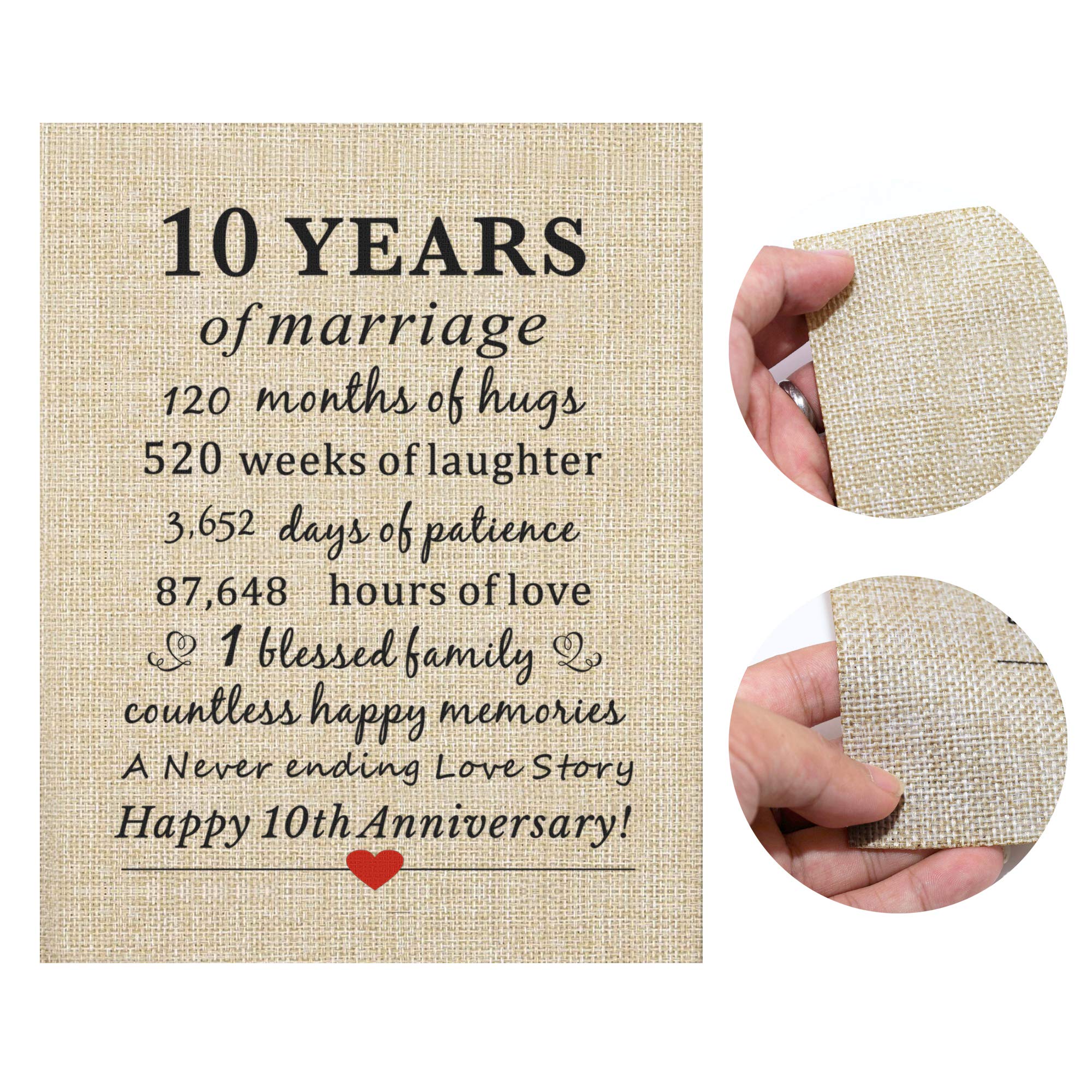 Corfara Framed 10th Wedding Anniversary Burlap Gift 11" W X 13" H, Couples 10th Anniversary 10 Years of Marriage Gift for Wife 10th Wedding Anniversary Keepsake Gift for Husband Wife Him Her