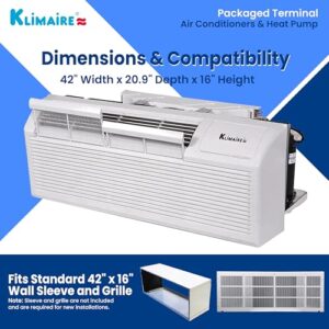 Klimaire PTAC 15,000 BTU Air Conditioner Heat Pump R-32 with Remote Control & 3.5 kW Electric Heater -230V