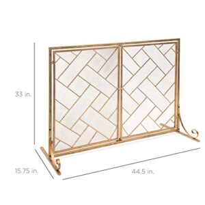 Best Choice Products 44x33in 2-Panel Handcrafted Wrought Iron Decorative Mesh Geometric Fireplace Screen, Fire Spark Guard w/Magnetic Doors - Gold