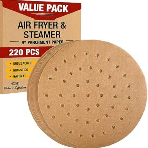 9″ steamer paper, air fryer round parchment paper liners – 220pcs unbleached bamboo steamer liners – easy cleanup, will not burn or curl, non-toxic & convenient packaging by baker’s signature