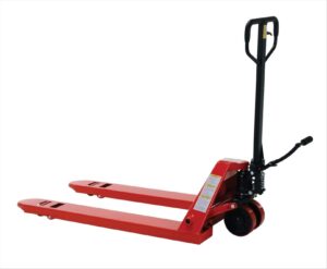 vestil pm5-2748-fp wheel nose pallet truck with foot pedal 27 in. x 48 in. 5500 lb. capacity red