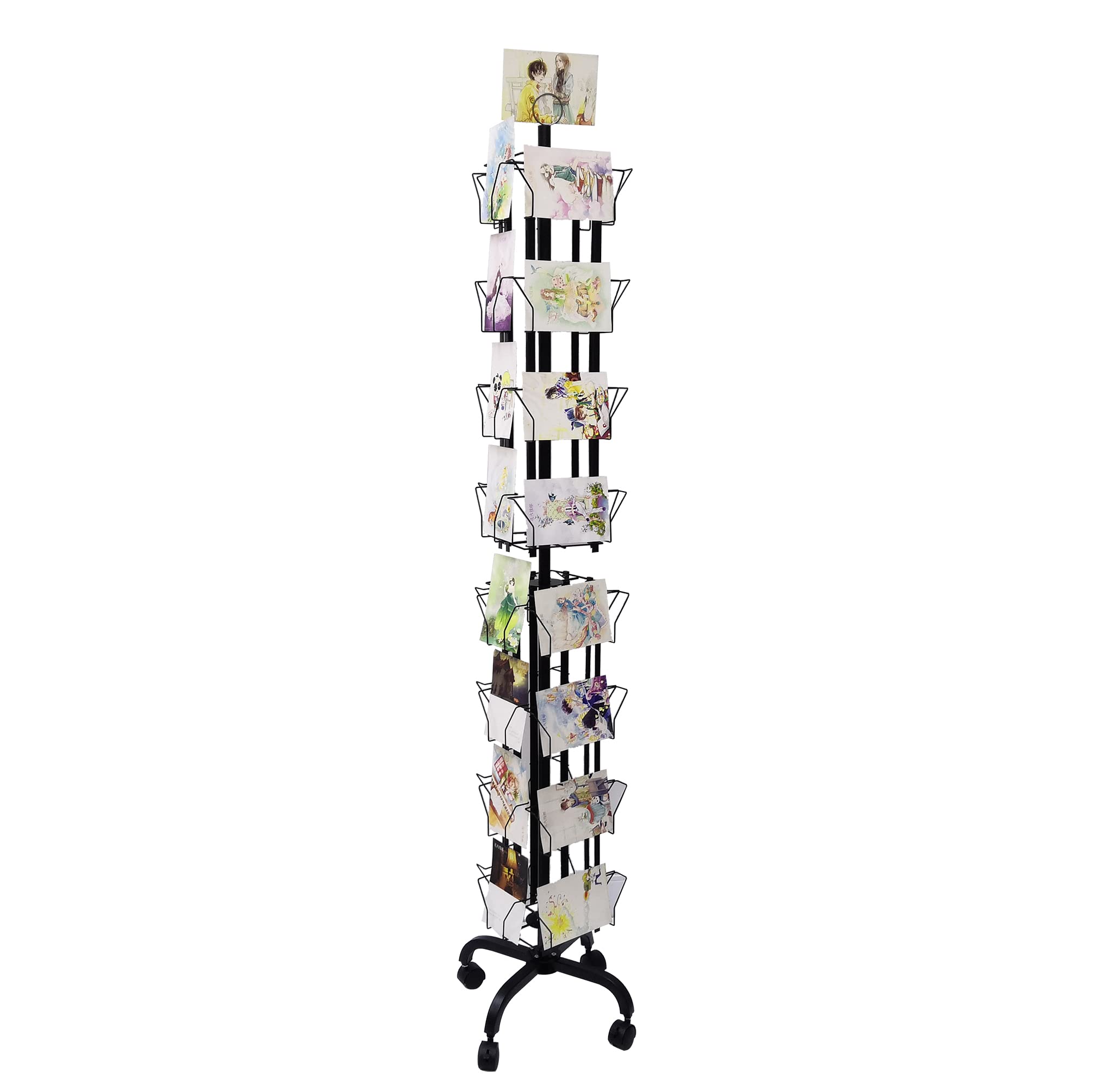 FixtureDisplays® 32 Adjustable Pockets Display Rack 5x7 7x5 up to 8.5" Wide X 8" Tall Cards, 1.27" deep Pockets, Double Tier Greeting Post Card Christmas Holiday Spinning Rack Stand Black 10095