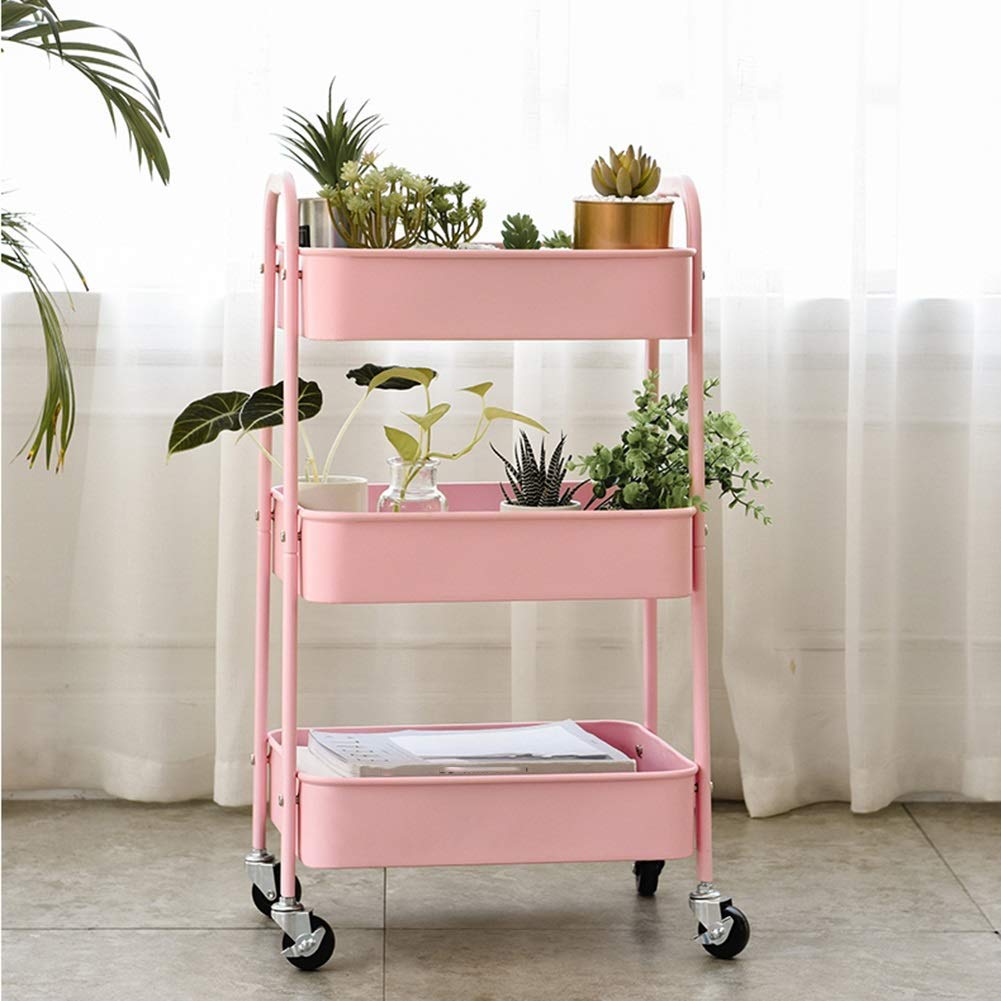 MTYLX Trolley,Cart,Household Multi-Layer Trolleys,Cart Family Restaurant 3 Layers Plus Thick Side Handles Design 360 Degrees Swivel Castors Easy to Clean, 3 Colors,Pink,40X28X74Cm