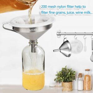 Kitchen Funnel for Filling Bottles, 304 Stainless Steel Food Funnels with Strainer and 200 Mesh Filter, Metal Funnel Set for Transferring Canning Oil Coffee