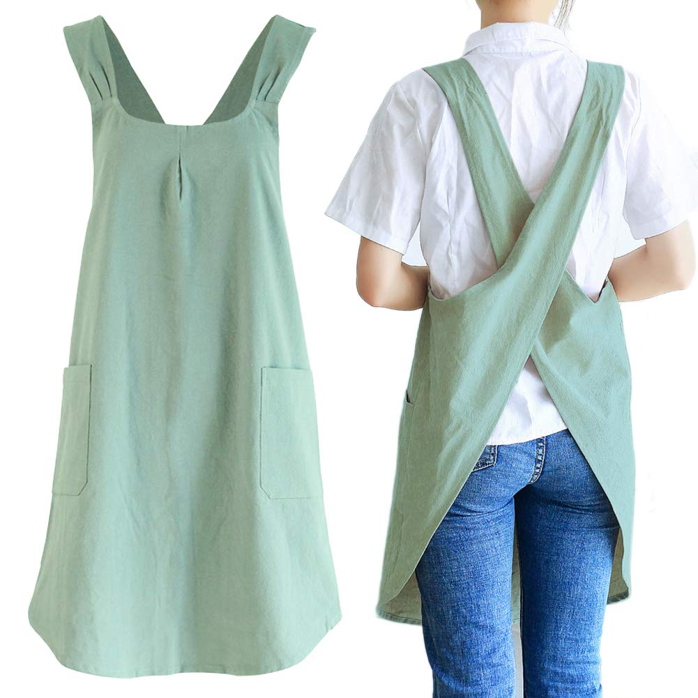 NEWGEM Japanese Linen Cross Back Kitchen Cooking Aprons for Men with Pockets for Baking Painting Gardening Cleaning Light Green