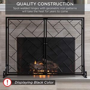 Best Choice Products 44x33in 2-Panel Handcrafted Wrought Iron Decorative Mesh Geometric Fireplace Screen, Fire Spark Guard w/Magnetic Doors - Gold