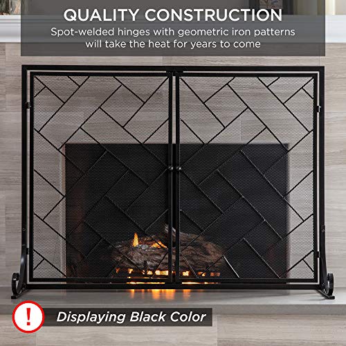 Best Choice Products 44x33in 2-Panel Handcrafted Wrought Iron Decorative Mesh Geometric Fireplace Screen, Fire Spark Guard w/Magnetic Doors - Gold