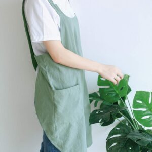 NEWGEM Japanese Linen Cross Back Kitchen Cooking Aprons for Men with Pockets for Baking Painting Gardening Cleaning Light Green