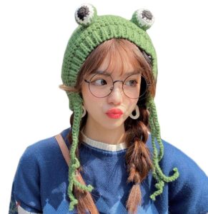 women girls crochet knitted winter headband hat beanie cute cartoon frog big eyes earflap cap photo props