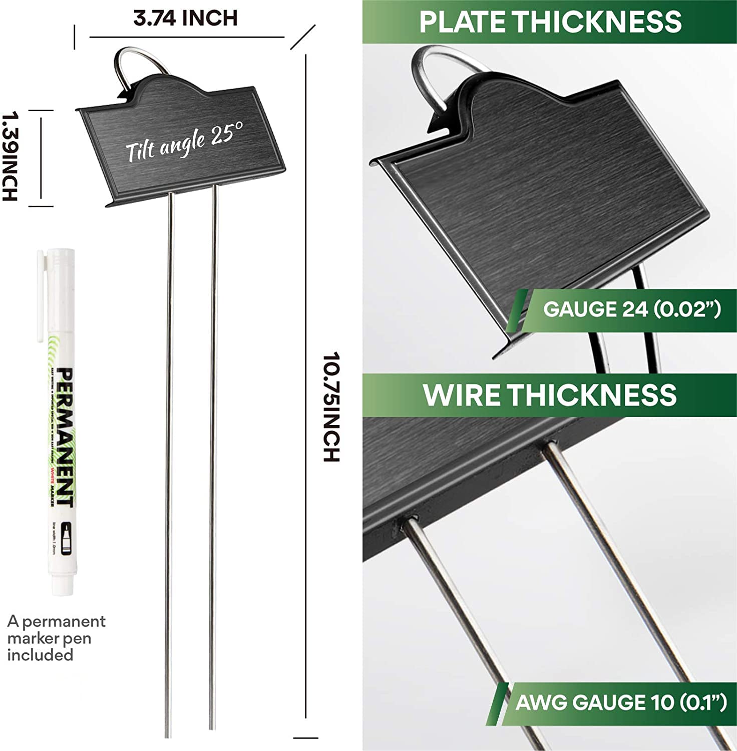 Metal Plant Labels Weatherproof 25 Pack, Stainless Steel 304 Garden Label Markers Outdoor for Plants Vegetables Herb Seedlings Flowers with a Pen, Label Area 3.74'' x 1.39'' Height 10.75 Inch