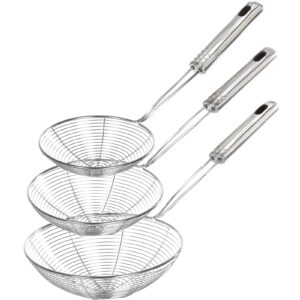 enhanced version stainless steel spider strainer skimmer ladle, set of 3 sizes kitchen strainer spoon for cooking and frying, pasta strainer, food preparation-32.5cm, 36cm, 38cm