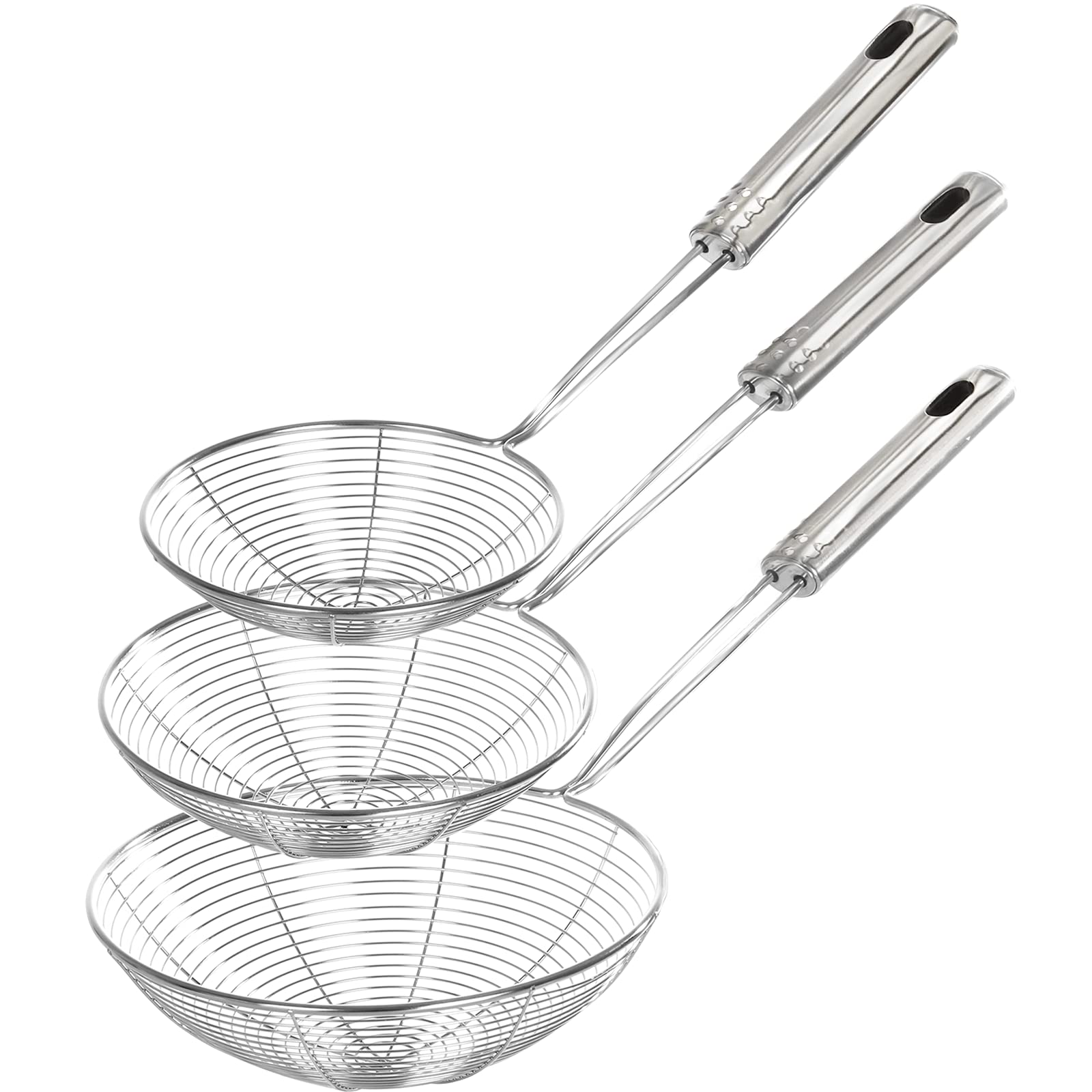 Enhanced Version Stainless Steel Spider Strainer Skimmer Ladle, Set of 3 Sizes Kitchen Strainer Spoon for Cooking and Frying, Pasta Strainer, Food Preparation-32.5cm, 36cm, 38cm