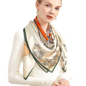 Grace Scarves 100% Silk Scarf, Extra-Large, Emperor's Phoenix, Ivory w Green Trim