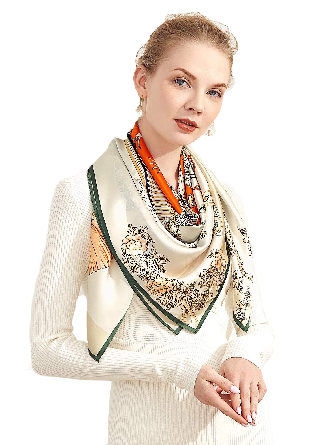 Grace Scarves 100% Silk Scarf, Extra-Large, Emperor's Phoenix, Ivory w Green Trim