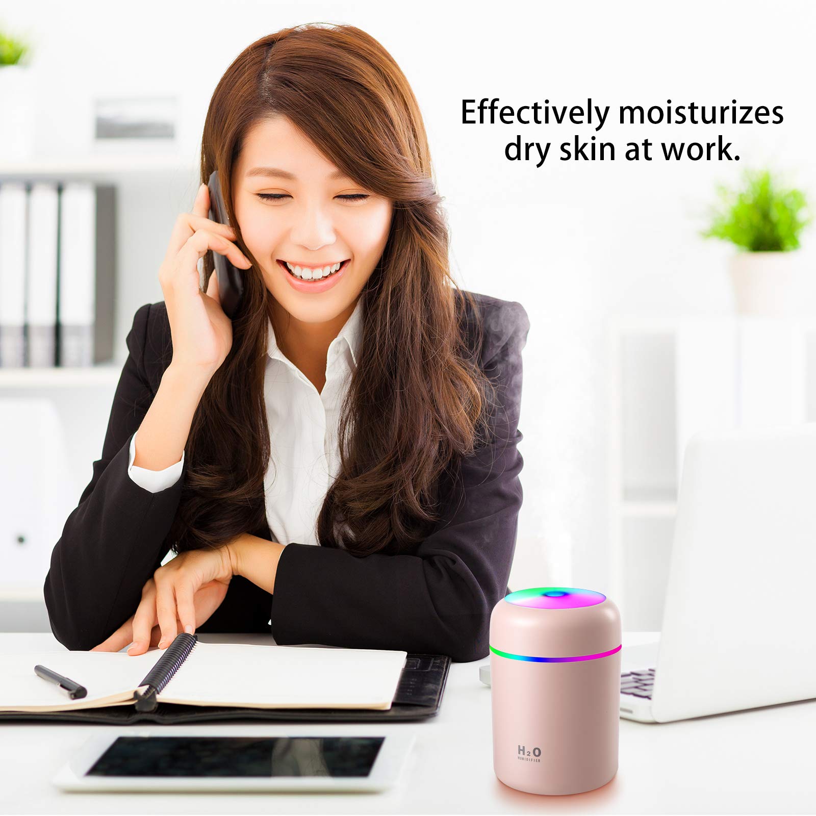 2 Pieces Cool Mist Humidifiers, Portable Mini Humidifiers, 300 ml, Quiet USB Personal Desktop Humidifier, Small Humidifiers with 2 Mist Modes and Auto Shut Off for Bedroom Home(Pink, White)