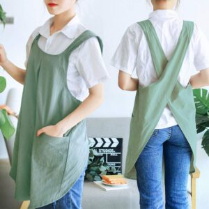 NEWGEM Japanese Linen Cross Back Kitchen Cooking Aprons for Men with Pockets for Baking Painting Gardening Cleaning Light Green