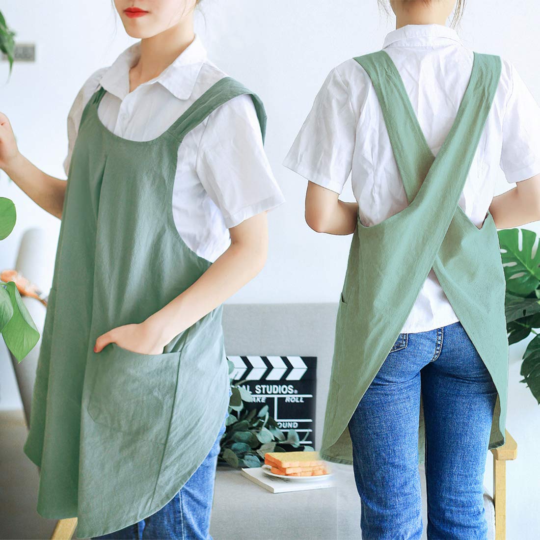 NEWGEM Japanese Linen Cross Back Kitchen Cooking Aprons for Men with Pockets for Baking Painting Gardening Cleaning Light Green