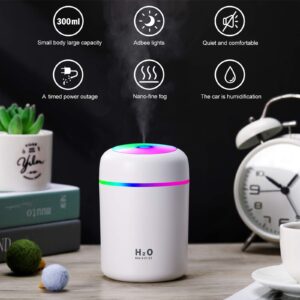 2 Pieces Cool Mist Humidifiers, Portable Mini Humidifiers, 300 ml, Quiet USB Personal Desktop Humidifier, Small Humidifiers with 2 Mist Modes and Auto Shut Off for Bedroom Home(Pink, White)