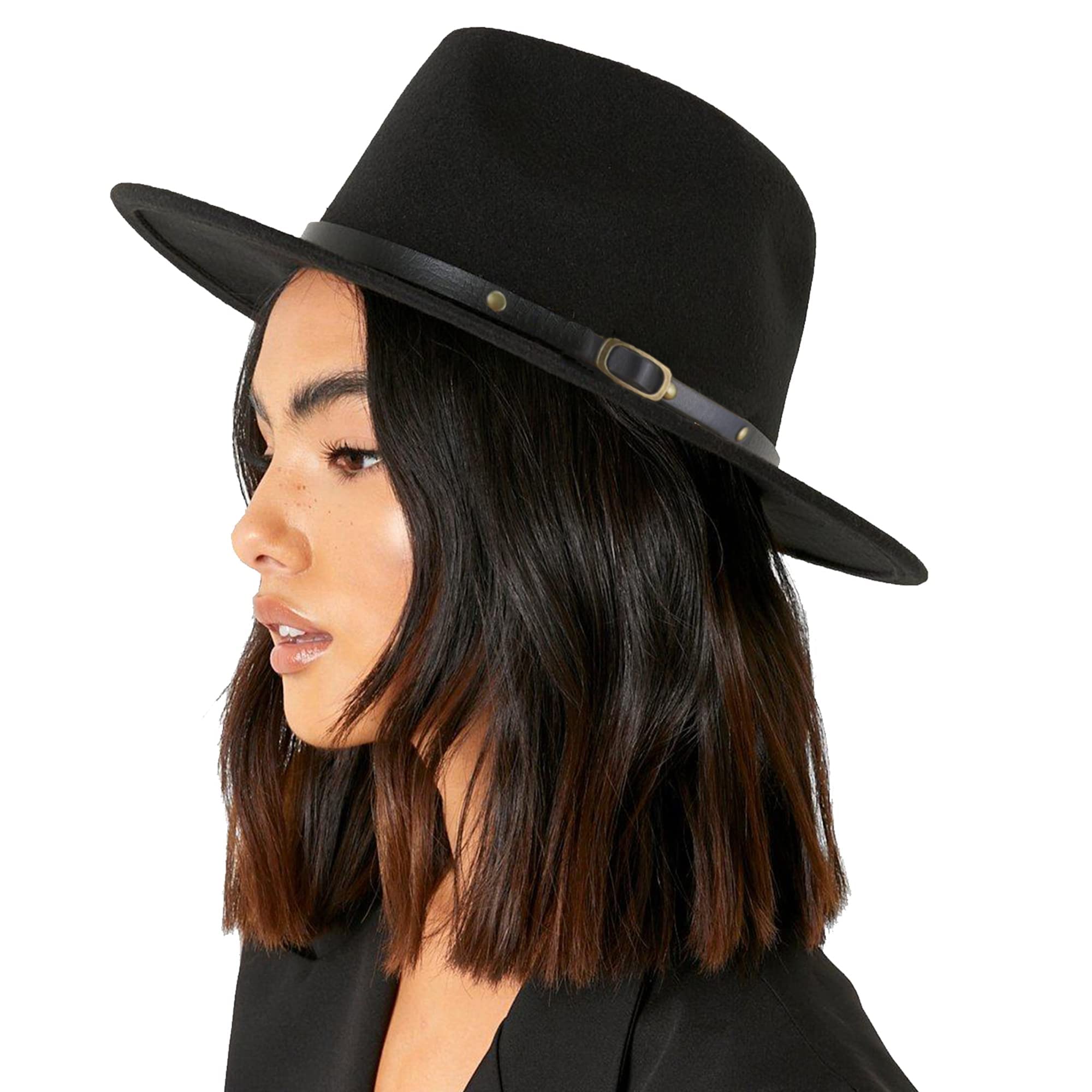 Fedora-Hats for Women-Men Vintage Flat-Wide-Brim Felt-Jazz-Hat Cotton-Blend Panama-Hat Medium/Large Black