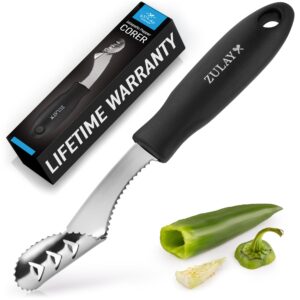 zulay kitchen jalapeno corer tool - 430 stainless steel pepper corer seed remover tool - 2-in-1 serrated edge and seed remover - easy coring and cleaning for efficient cooking and grilling