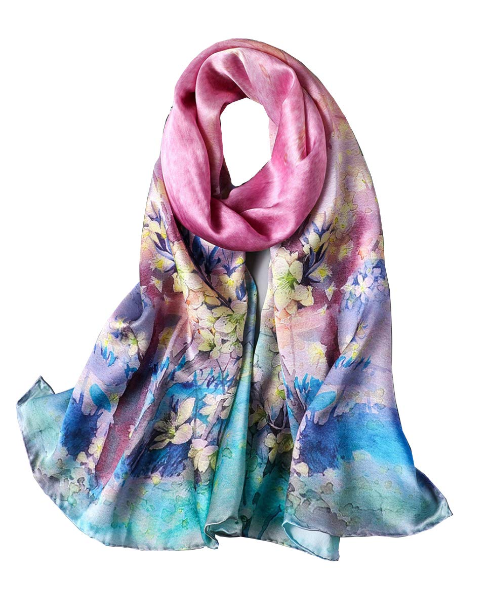 ANDANTINO 100% Mulberry Silk Long Scarf for Women Large Shawls for Headscarf and Neck- Oblong Hair Wraps with Gift Packed (Pink&Yellow Blossoms)