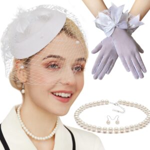 Gionforsy Kentucky Derby Hat Fascinator Veil Fascinator Headband Lace Gloves Imitation Pearl Necklace Earrings Feather Pillbox Fascinator for Wedding Tea Party (Style 1-White)