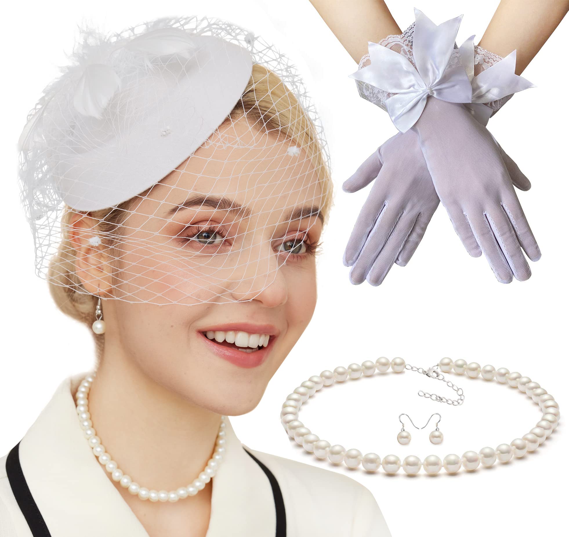 Gionforsy Kentucky Derby Hat Fascinator Veil Fascinator Headband Lace Gloves Imitation Pearl Necklace Earrings Feather Pillbox Fascinator for Wedding Tea Party (Style 1-White)