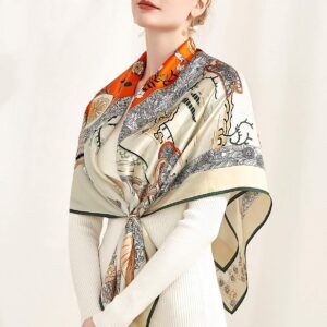 Grace Scarves 100% Silk Scarf, Extra-Large, Emperor's Phoenix, Ivory w Green Trim