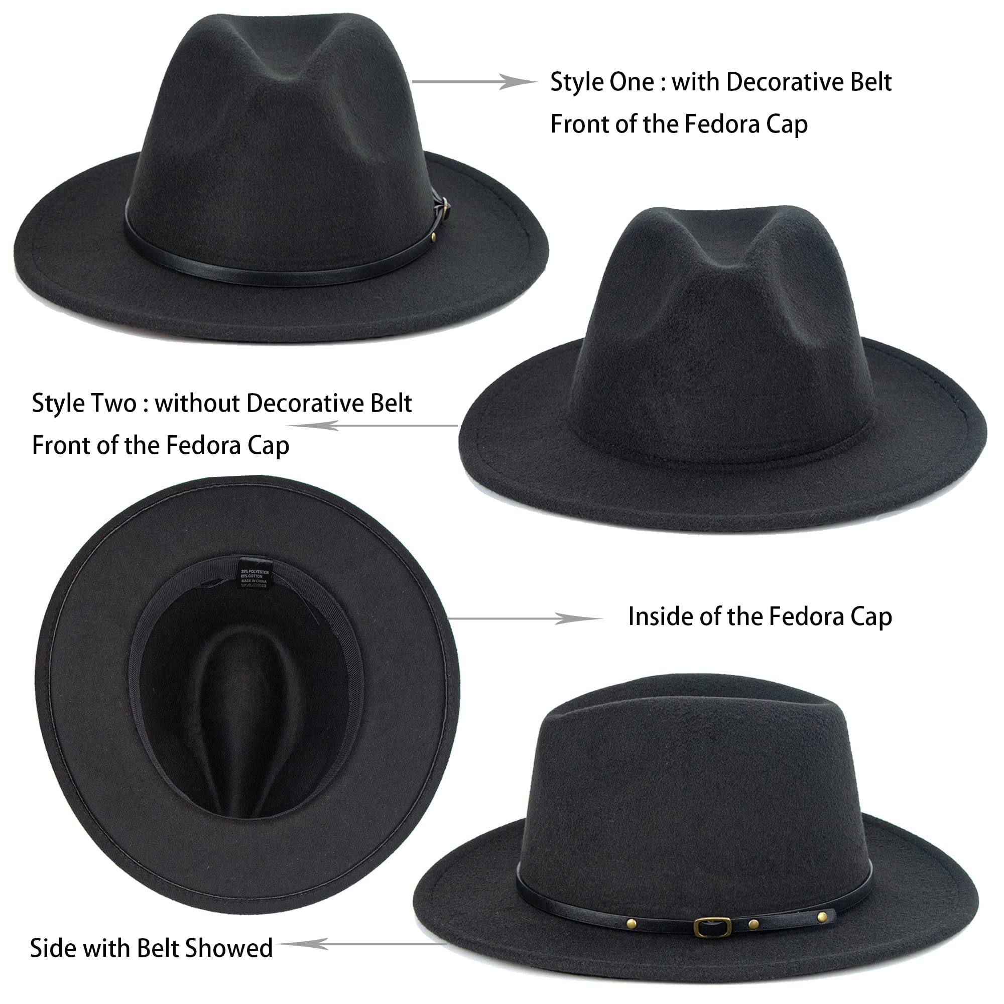 Fedora-Hats for Women-Men Vintage Flat-Wide-Brim Felt-Jazz-Hat Cotton-Blend Panama-Hat Medium/Large Black