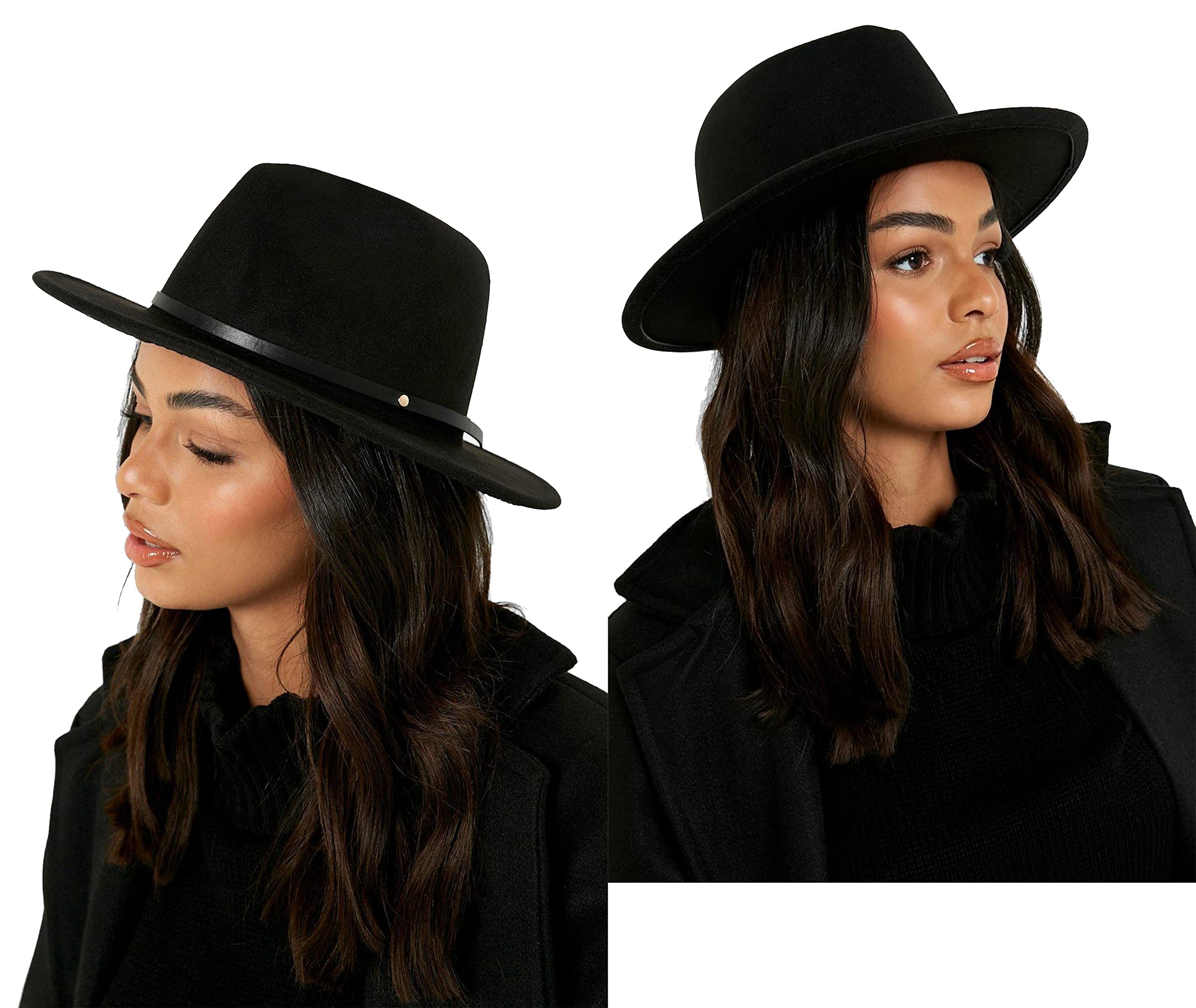 Fedora-Hats for Women-Men Vintage Flat-Wide-Brim Felt-Jazz-Hat Cotton-Blend Panama-Hat Medium/Large Black