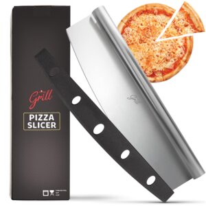 pizza cutter | rocker blade by hans grill | 14" large japanese grade sharp stainless steel rocking pizza knife cutter | professional nonstick pizza slicer with cover for kitchen and commercial use.