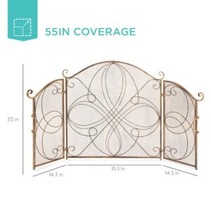 Best Choice Products 3-Panel 55x33in Solid Wrought Iron See-Through Metal Fireplace Screen, Spark Guard Safety Protector w/Decorative Scroll - Gold